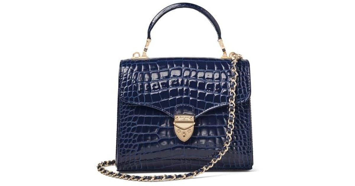 Aspinal of London Mayfair Midi Midnight Patent Croc Bag in Blue | Lyst