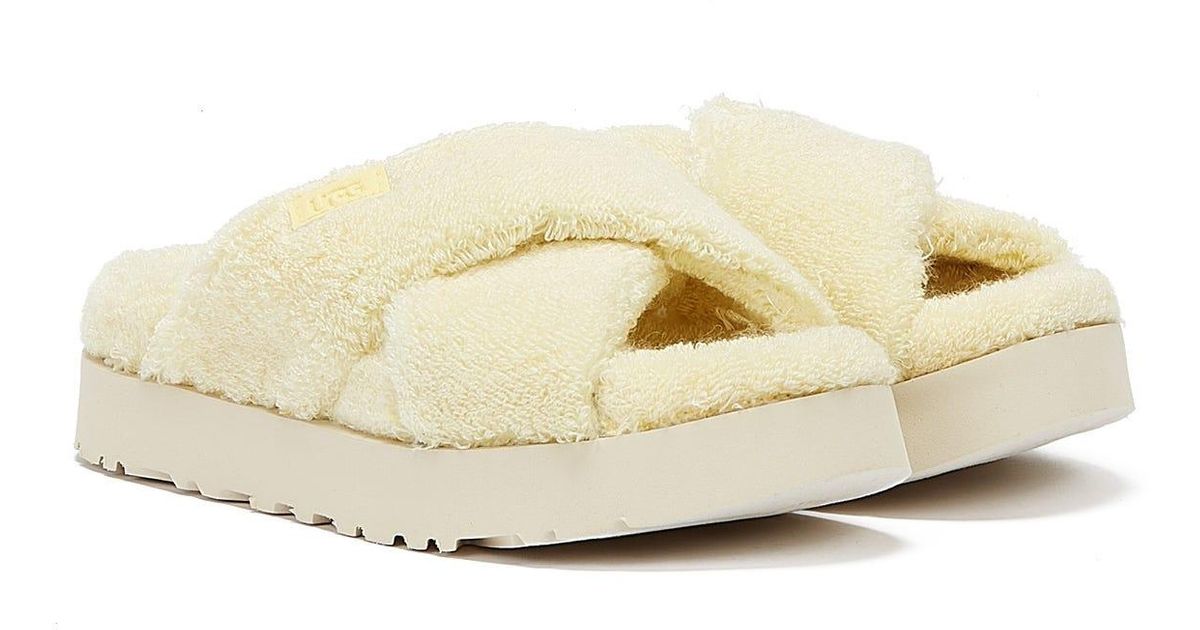 Ugg Wool Fuzz Sugar Terry Cross Slide Banana Pudding Slippers In Yellow
