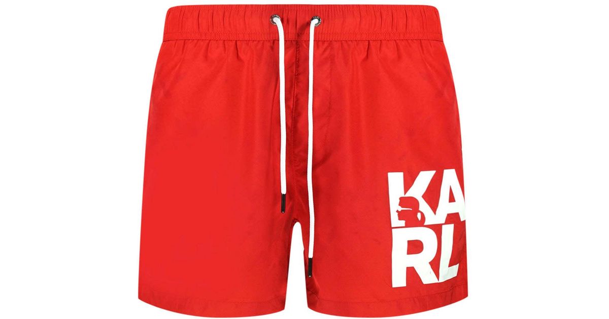 Karl Lagerfeld Synthetic Block Logo Red Swim Shorts for Men | Lyst UK