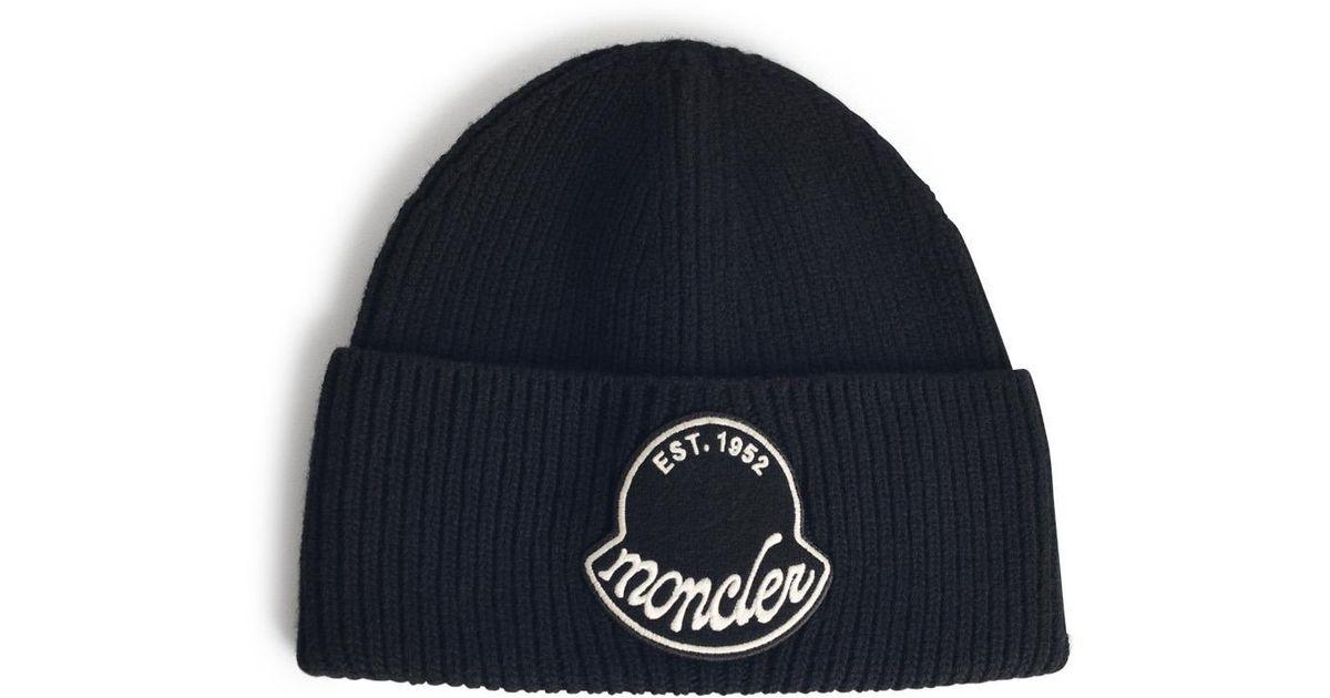 Moncler Virgin Wool Beanie in Blue | Lyst UK