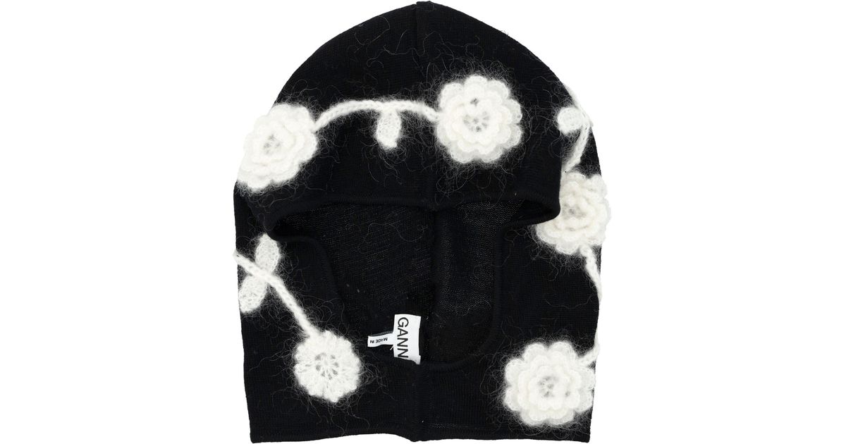 Ganni Wool Balaclava With Floral Crochet Detailing in Black | Lyst
