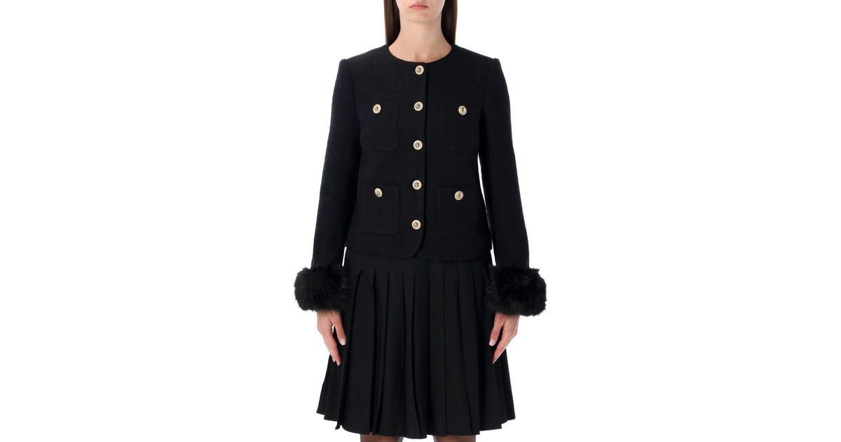 Self-Portrait Bouclé Jacket With Faux Fur Cuffs in Black | Lyst