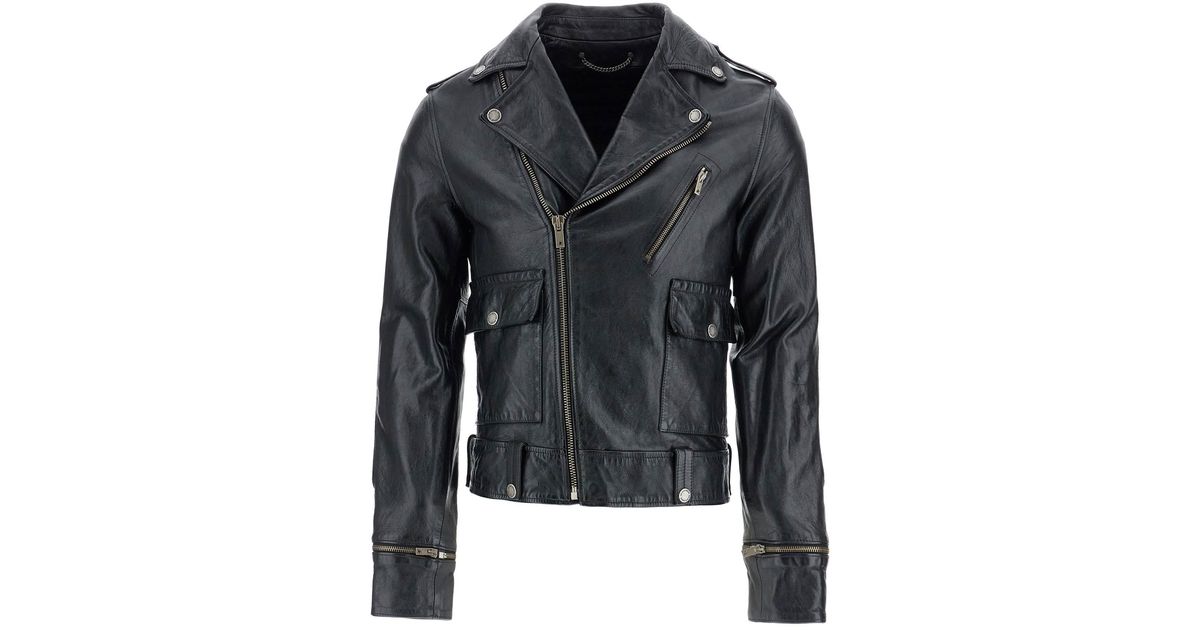 Golden Goose Waxed Leather Biker Jacket With Zip in Black for Men | Lyst