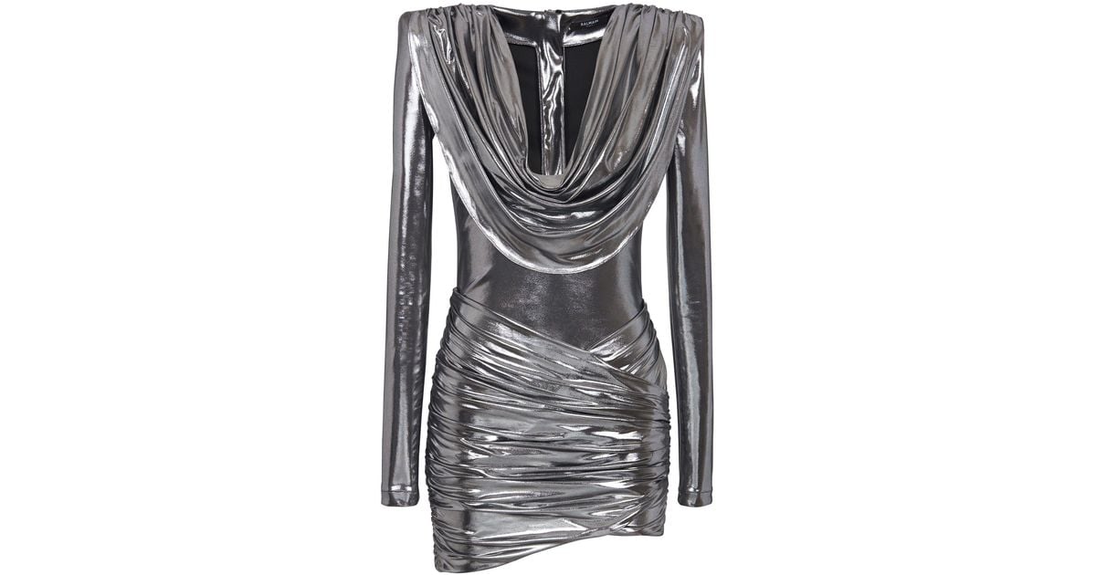 Balmain Short Metallic Draped Dress in Gray | Lyst