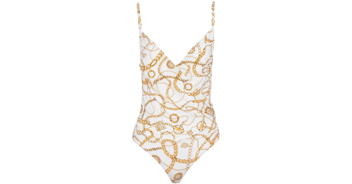 Balmain Chaînes Pattern Printed One-Piece Swimsuit in White | Lyst UK