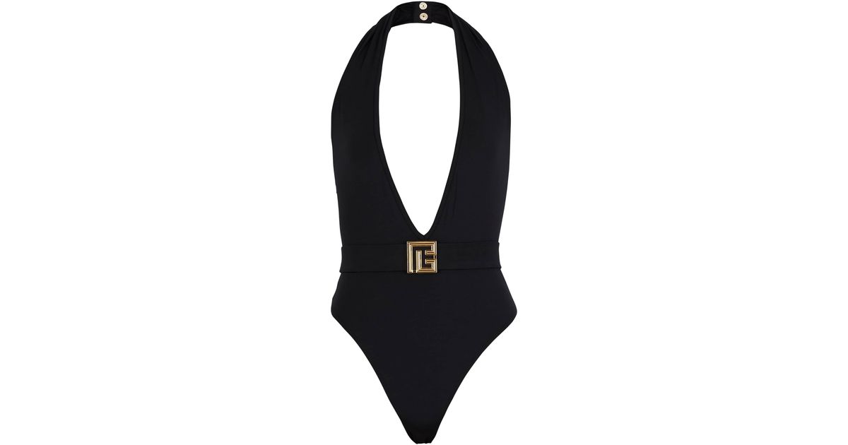 Balmain One-Piece Swimsuit With Pb Logo in Black | Lyst