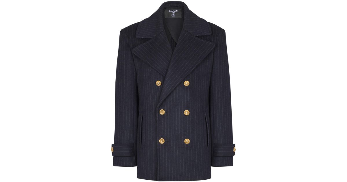 Balmain Short Striped Wool Pea Coat in Blue for Men | Lyst UK