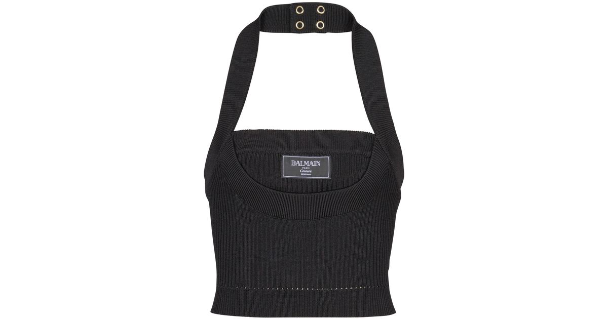 Balmain Ribbed Knit Halterneck Top in Black | Lyst UK