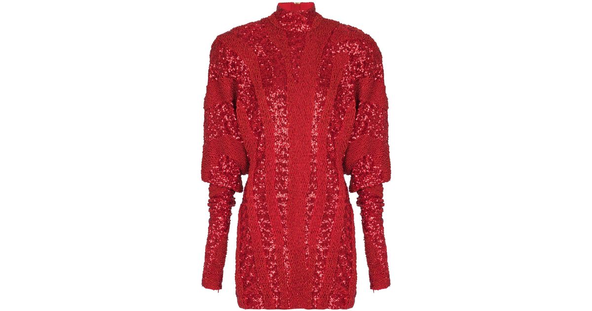 Balmain Short Zebra Sequin Dress in Red | Lyst UK