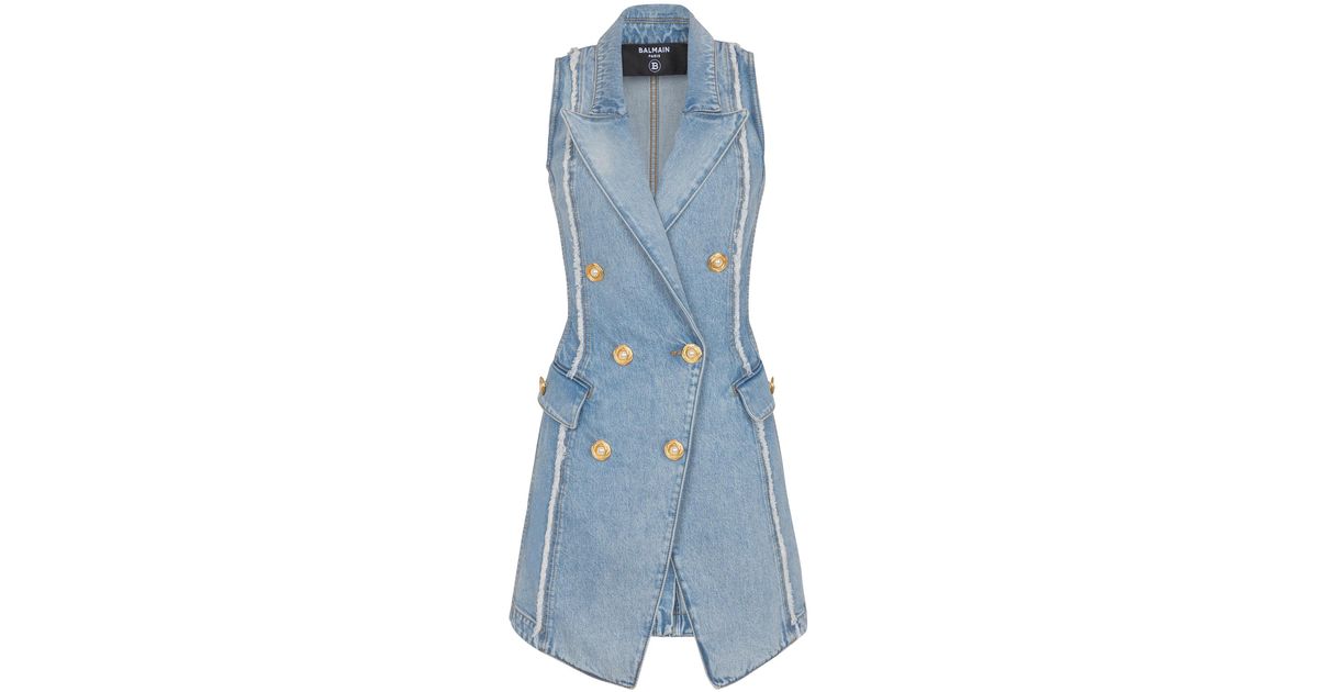 Balmain Six-Button Raw Edge Denim Mini Dress in Blue | Lyst UK