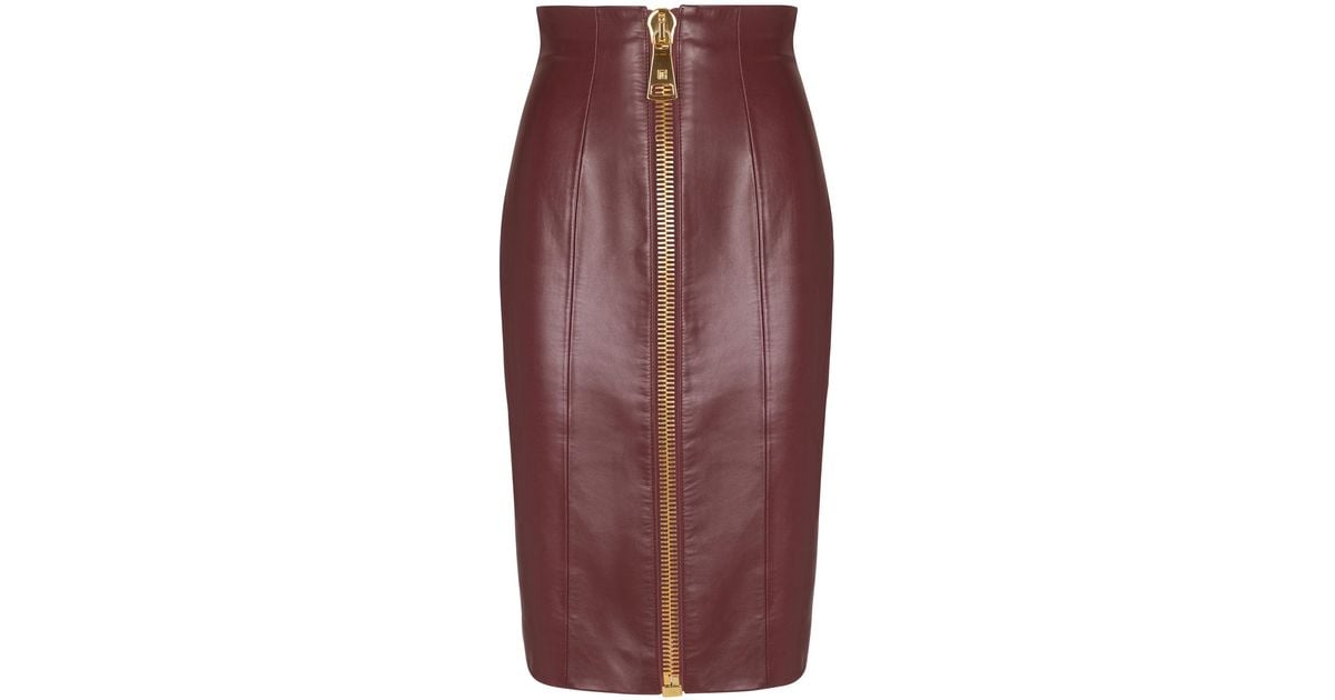 Balmain Lambskin Leather Pencil Skirt in Purple | Lyst UK