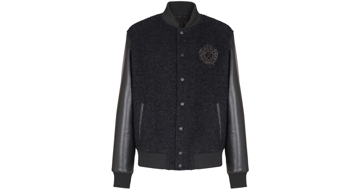 Balmain Varsity Tweed And Faux Leather Jacket in Blue for Men | Lyst UK