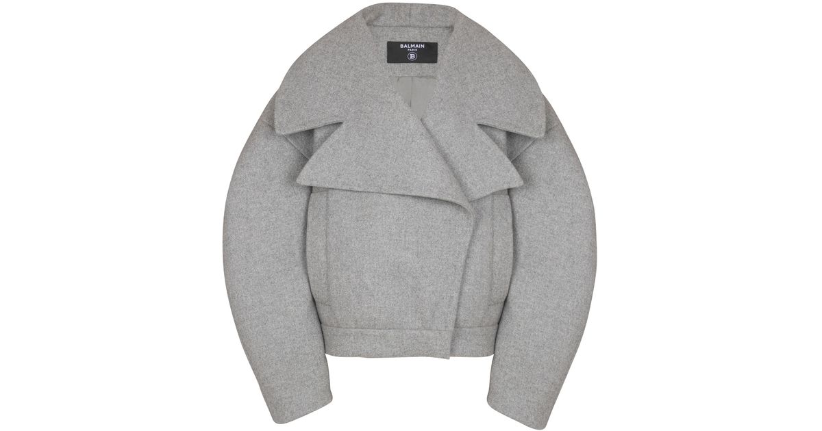 Balmain Wool Pea Coat in Grey | Lyst UK