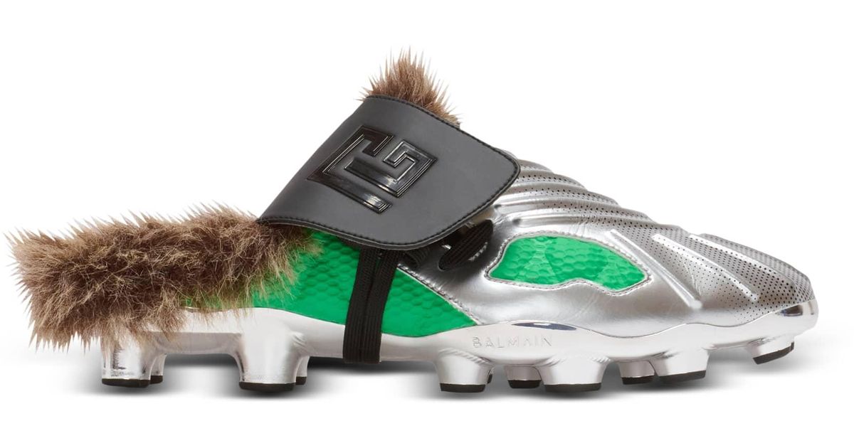 Balmain Half Time Faux Fur-Lined Mules With Technical Fabrics in Green ...