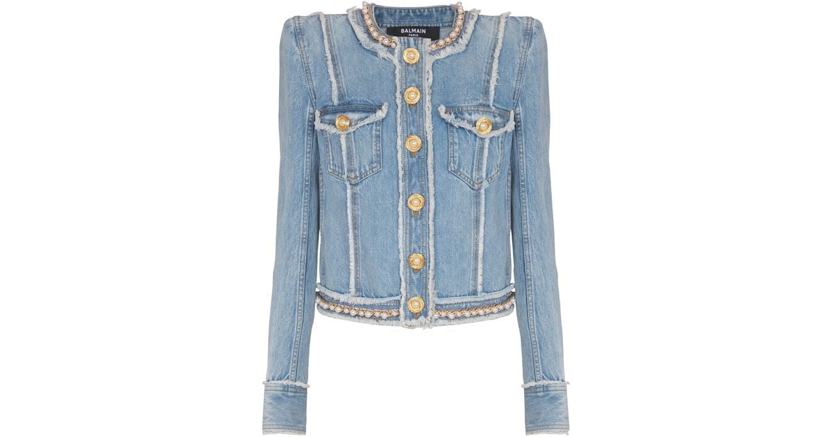 Balmain Denim Jacket With Pearl Trim in Blue | Lyst