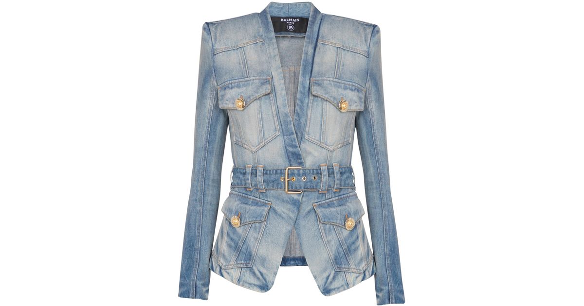 Balmain 1-Button Belted Denim Jacket in Blue | Lyst UK