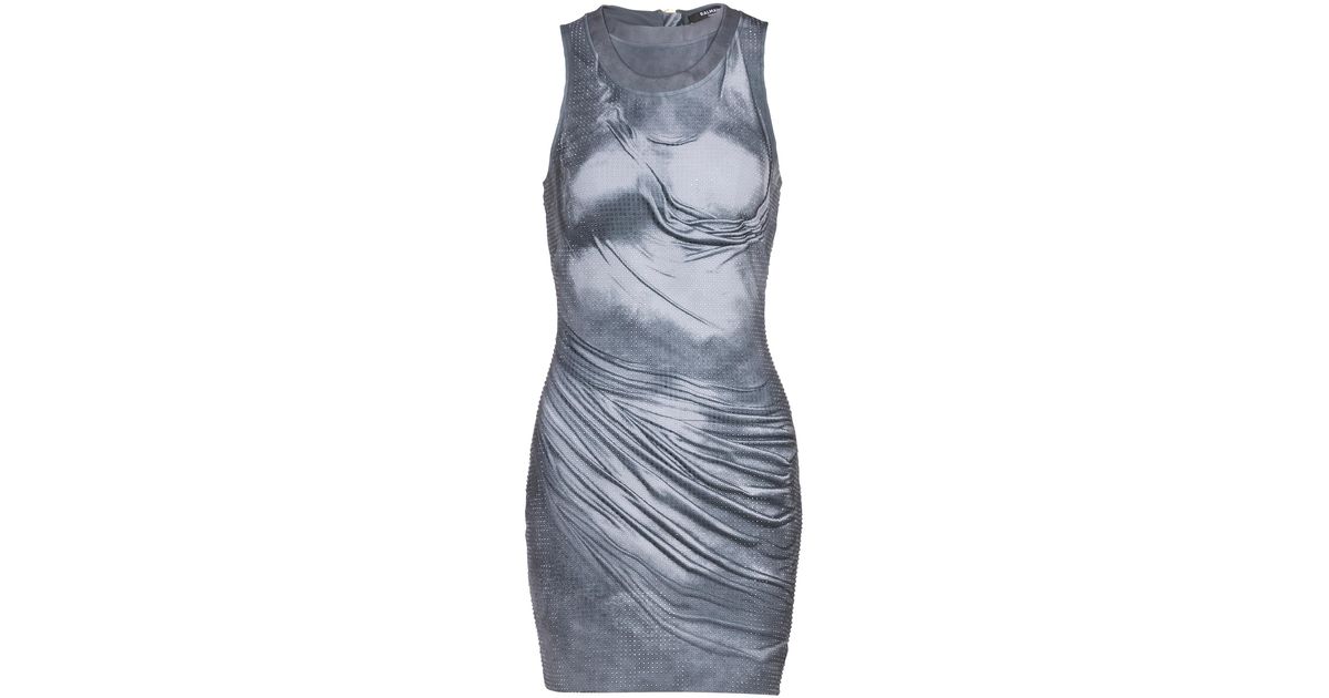 Balmain Halterneck Draped Trompe-L'Ail Strass Dress in Blue | Lyst UK