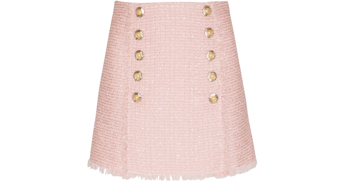 Balmain Short Sequinned Tweed Skirt in Pink | Lyst UK
