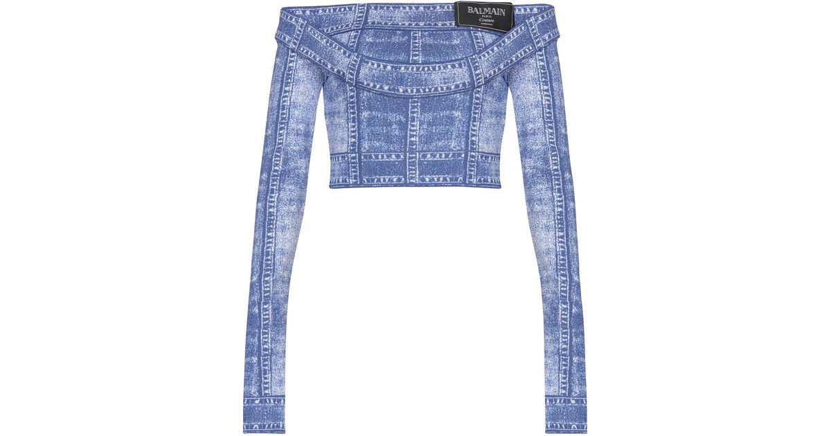 Balmain Long-Sleeve Double Col Denim Trompe-L'Ail Top in Blue | Lyst UK