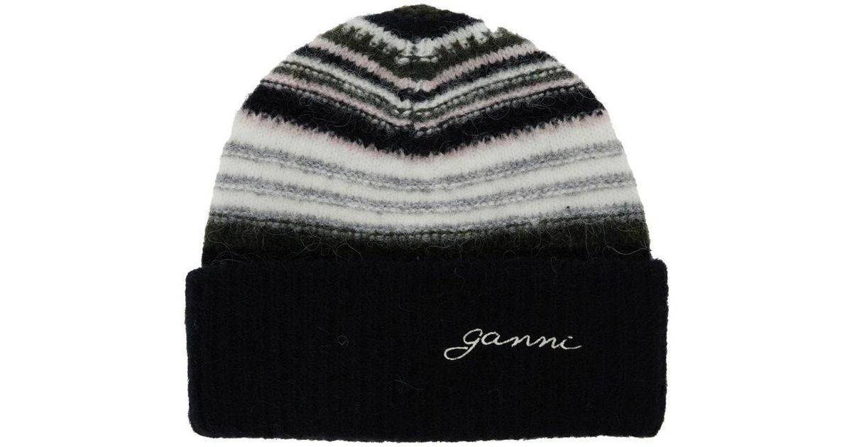 Ganni Striped Soft Wool Beanie in Black | Lyst UK
