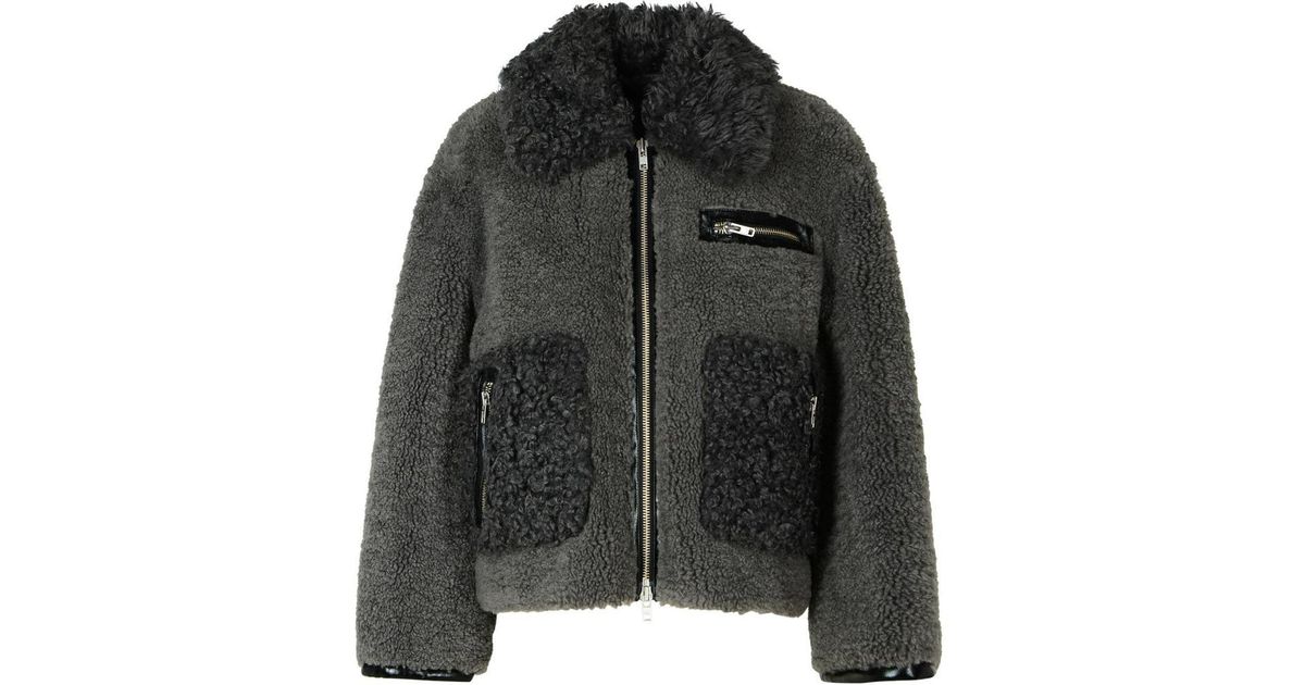 Stand Studio Faux Fur Short Coat with Leather Inserts in Black | Lyst