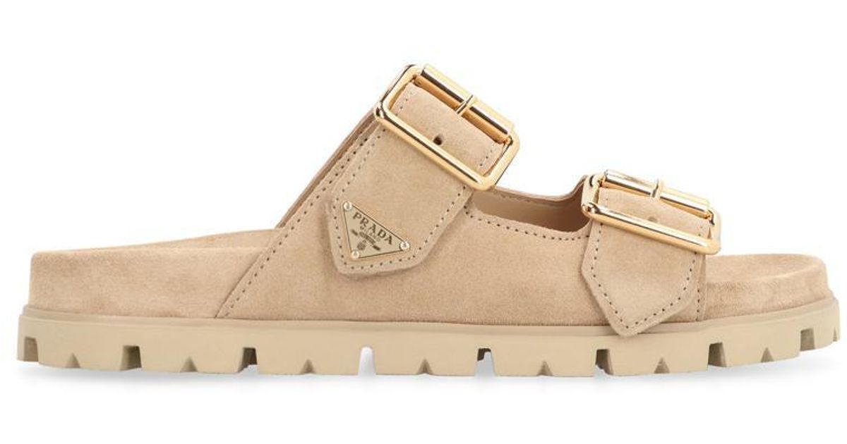 Prada Suede Buckle Slide Sandals in Natural | Lyst