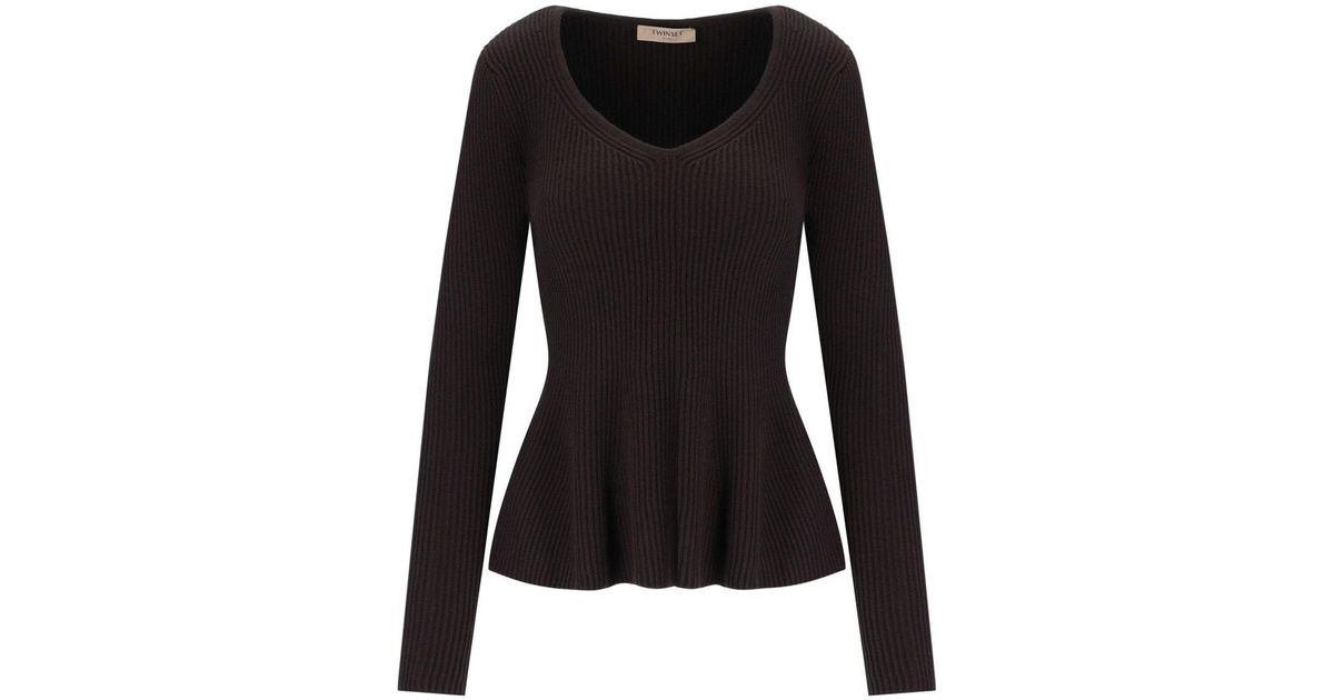Twinset Chocolate Ribbed Pullover in Black | Lyst UK