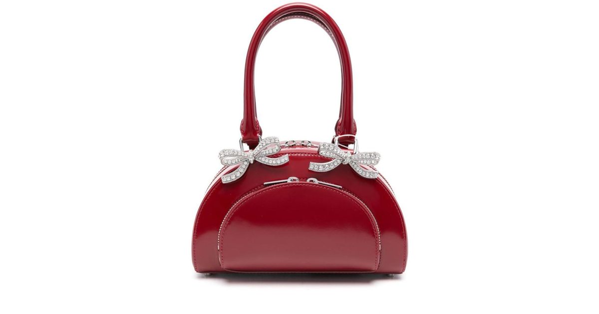Self-Portrait Crystal Bow Detail Curved Mini Tote Bag in Red | Lyst