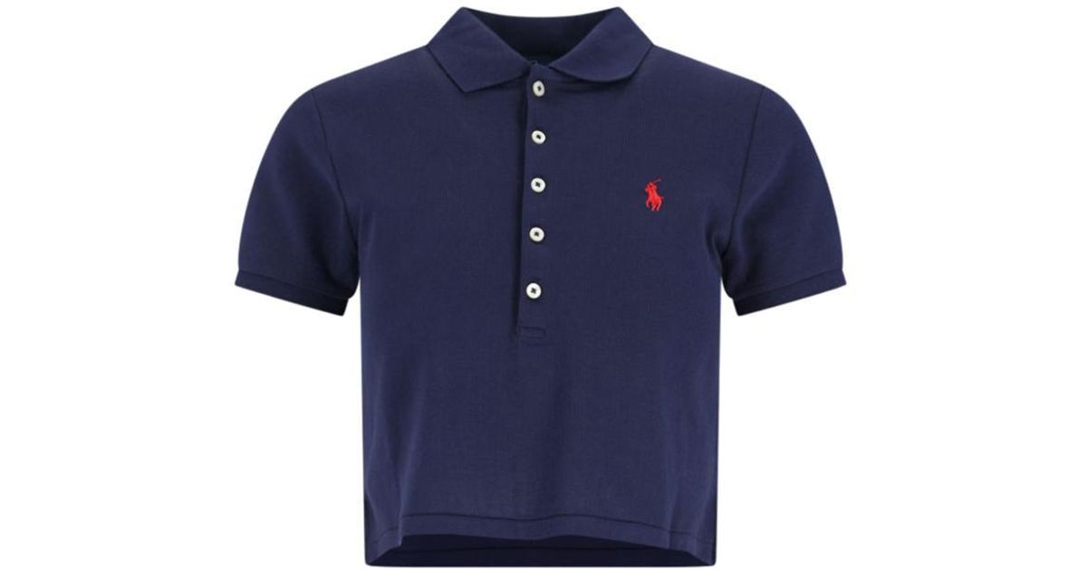 Polo Ralph Lauren Logo Crop Polo Shirt in Blue | Lyst