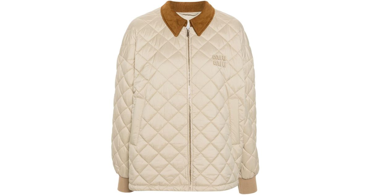 Miu Miu Logo-Patch Quilted Jacket in Natural | Lyst