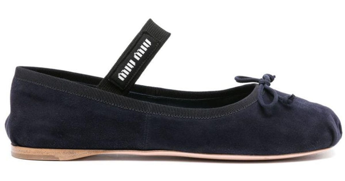 Miu Miu Bow-Detail Suede Ballerina Shoes in Blue | Lyst