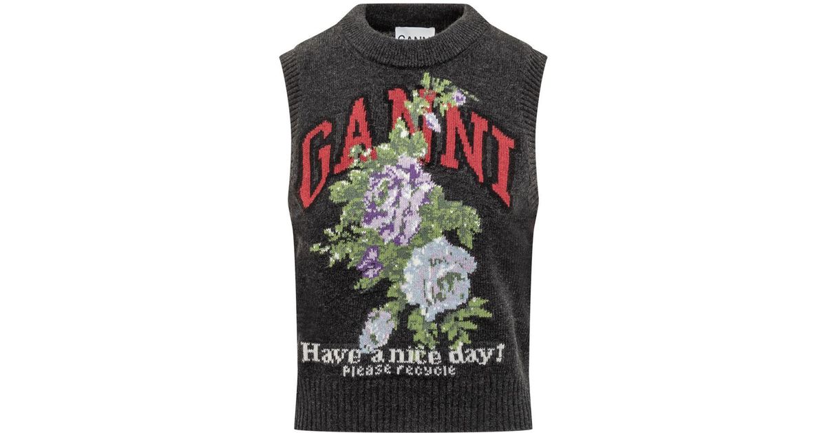 Ganni Wool Vest With Flowers And Logo in Black | Lyst