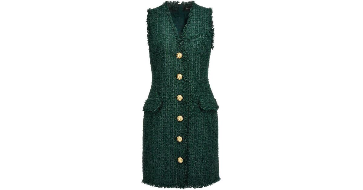 Balmain Button-embellished Tweed Mini Dress in Green | Lyst