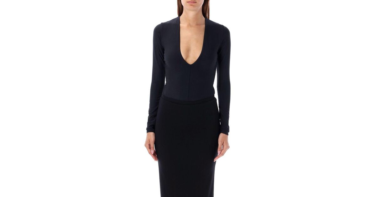 ÉTERNE Long Sleeve Deep V Body Suit in Blue | Lyst