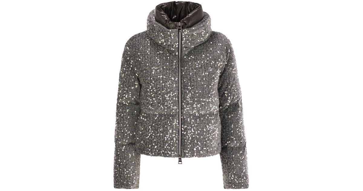 Herno Mini Sequined Down Jacket in Gray | Lyst