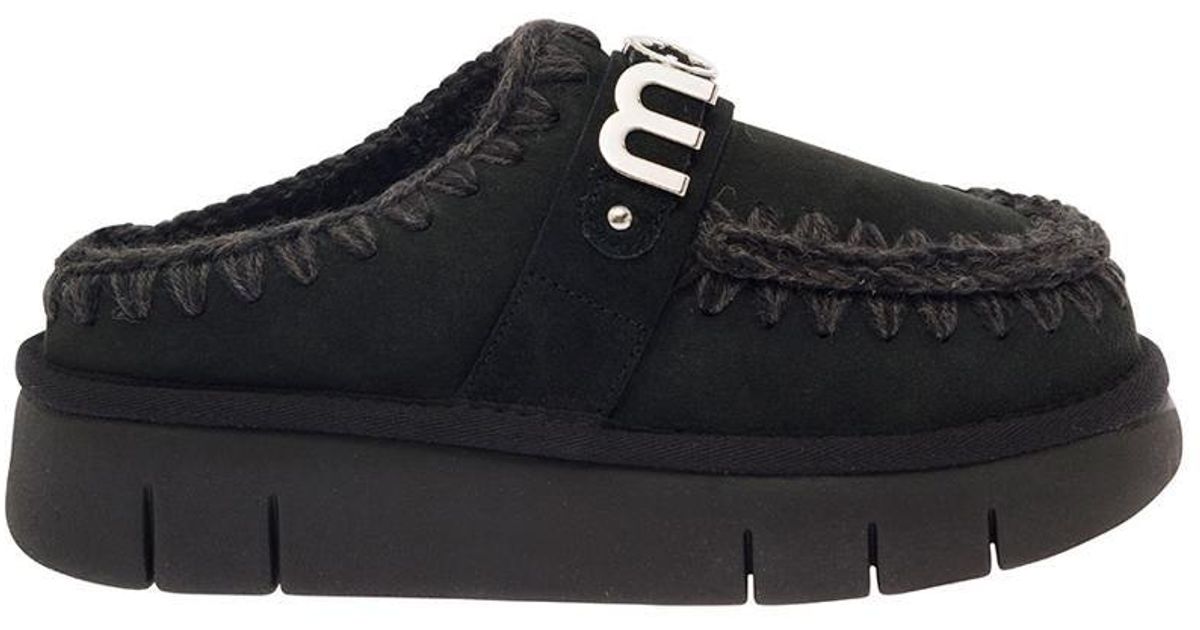 Mou 'bounce' Black Mules With Logo Lettering And Open Rear In Suede ...