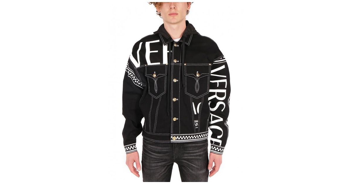 Versace Logo Check Print Denim Jacket in Black for Men | Lyst