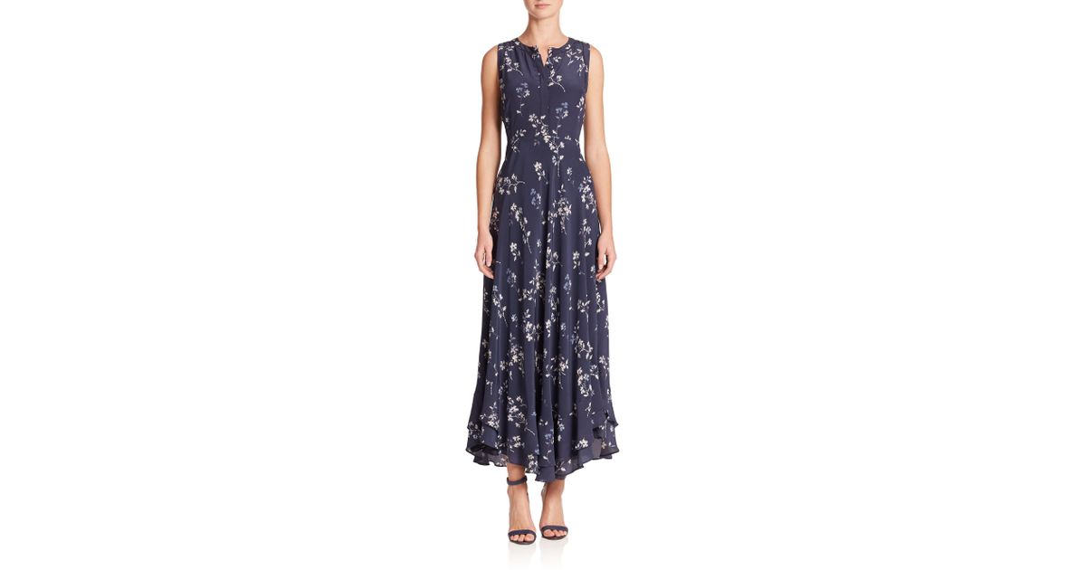 Rebecca Taylor Silk Floral Print Ruffle Maxi Dress In Navy Combo Blue