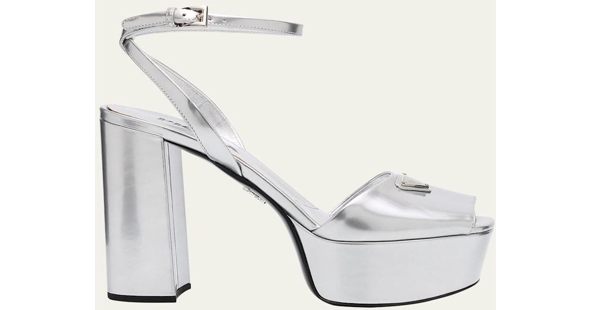 Prada Metallic Leather Ankle-Strap Platform Sandals in White | Lyst