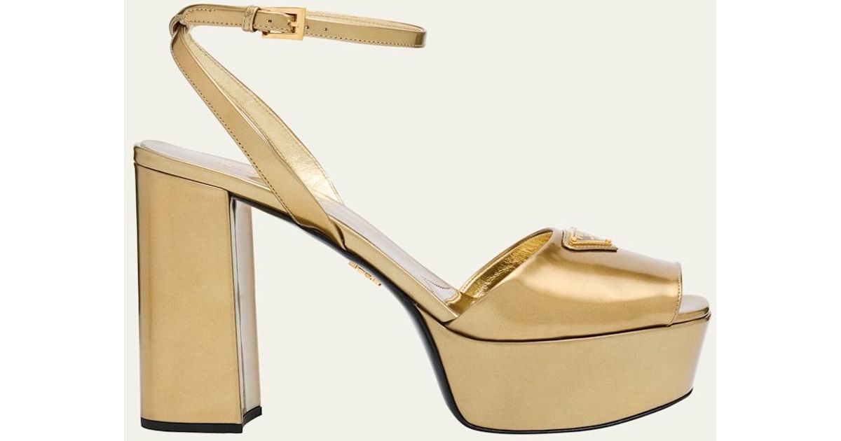 Prada Metallic Leather Ankle-Strap Platform Sandals in Natural | Lyst