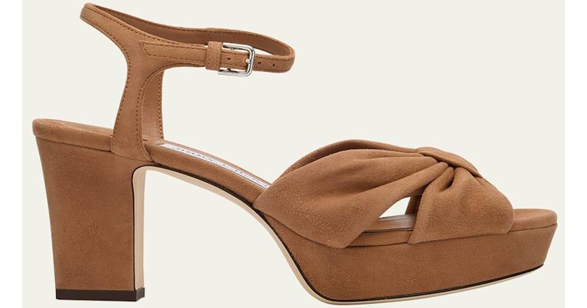 Jimmy Choo Heloise Suede Knot Platform Sandals in Natural | Lyst