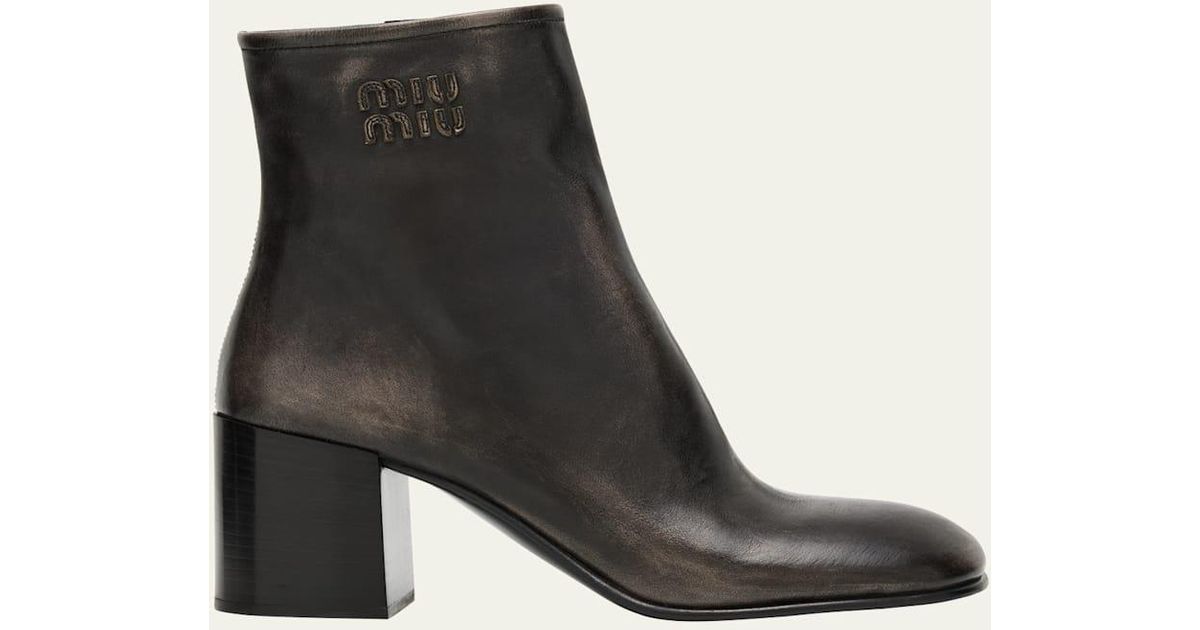 Miu Miu Vintage Leather Block-Heel Booties in Black | Lyst