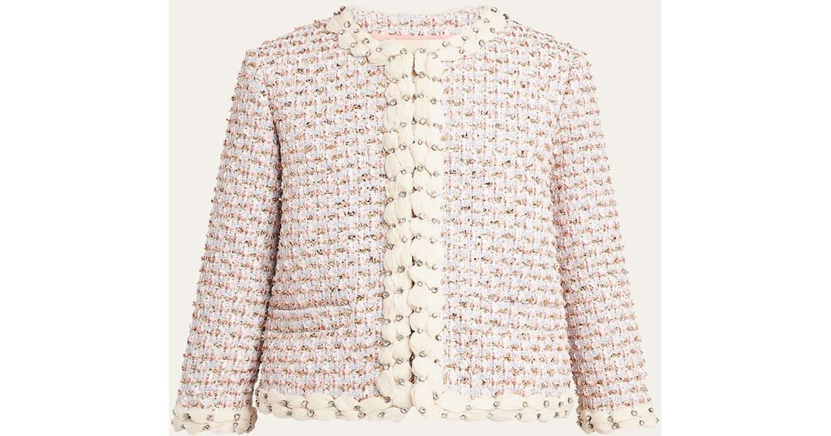 Valentino Garavani Boxy Crystal-Embellished Tweed Jacket in Natural | Lyst