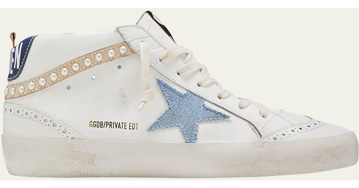 Golden Goose Mid Star Denim Wing-tip Sneakers in Natural | Lyst