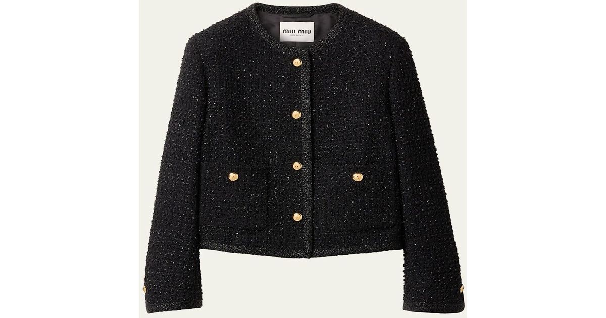 Miu Miu Metallic Wool Cropped Jacket in Black | Lyst