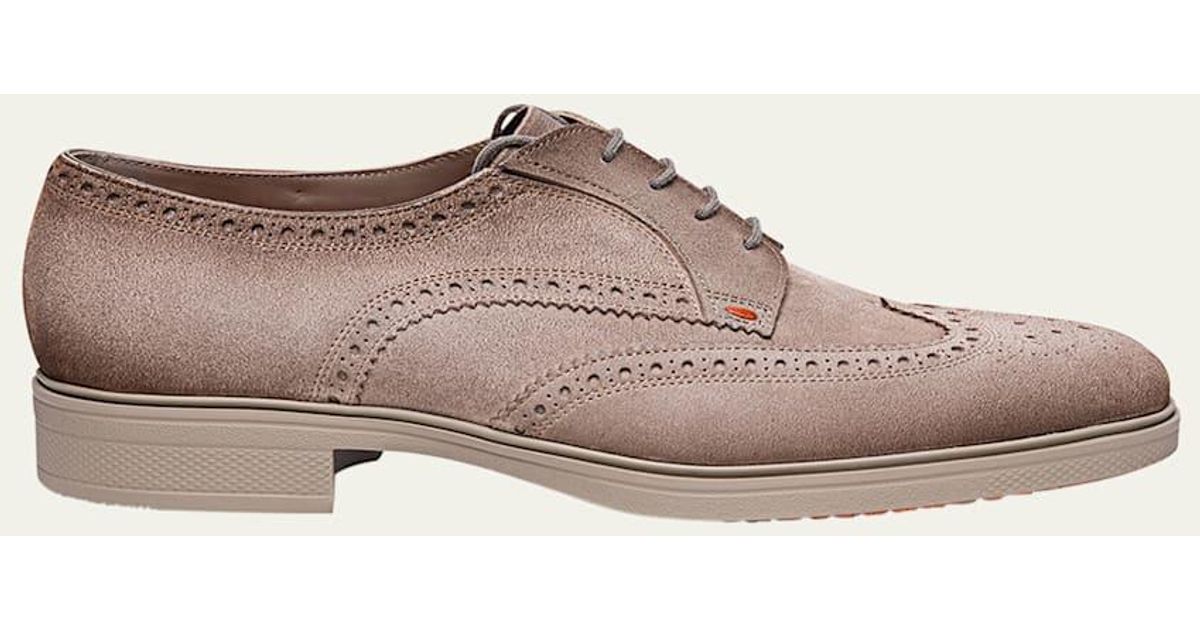 Santoni Easy Suede Brogue Wingtip Derby Shoes in Brown for Men | Lyst