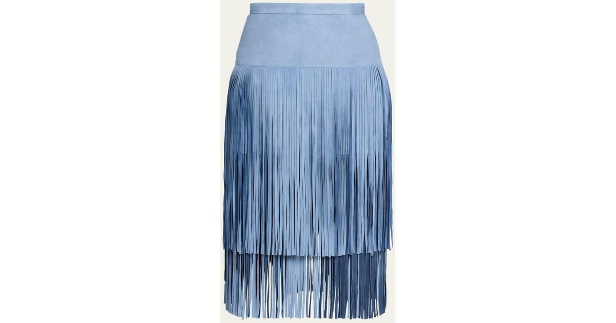 Michael Kors Tiered Fringe Suede Midi Skirt in Blue | Lyst