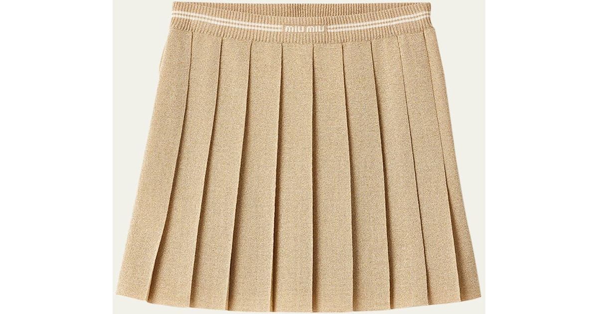 Miu Miu Metallic Pleated Mini Skirt in Natural | Lyst