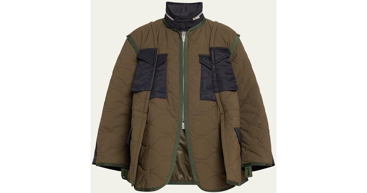 Sacai High-Neck Layered Quilted Jacket in Brown | Lyst