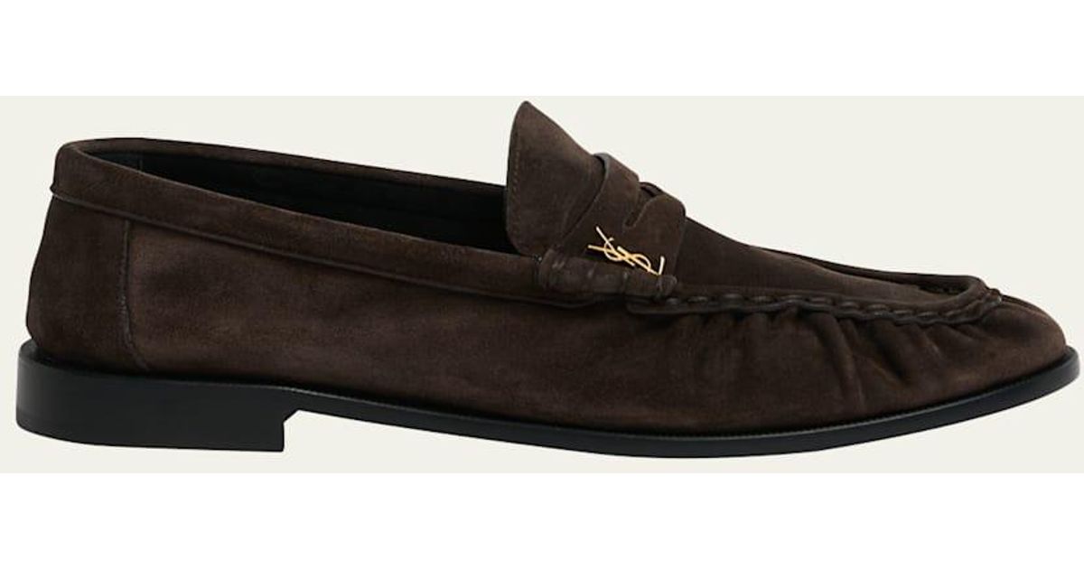 Saint Laurent Suede Ysl Penny Loafers in White | Lyst